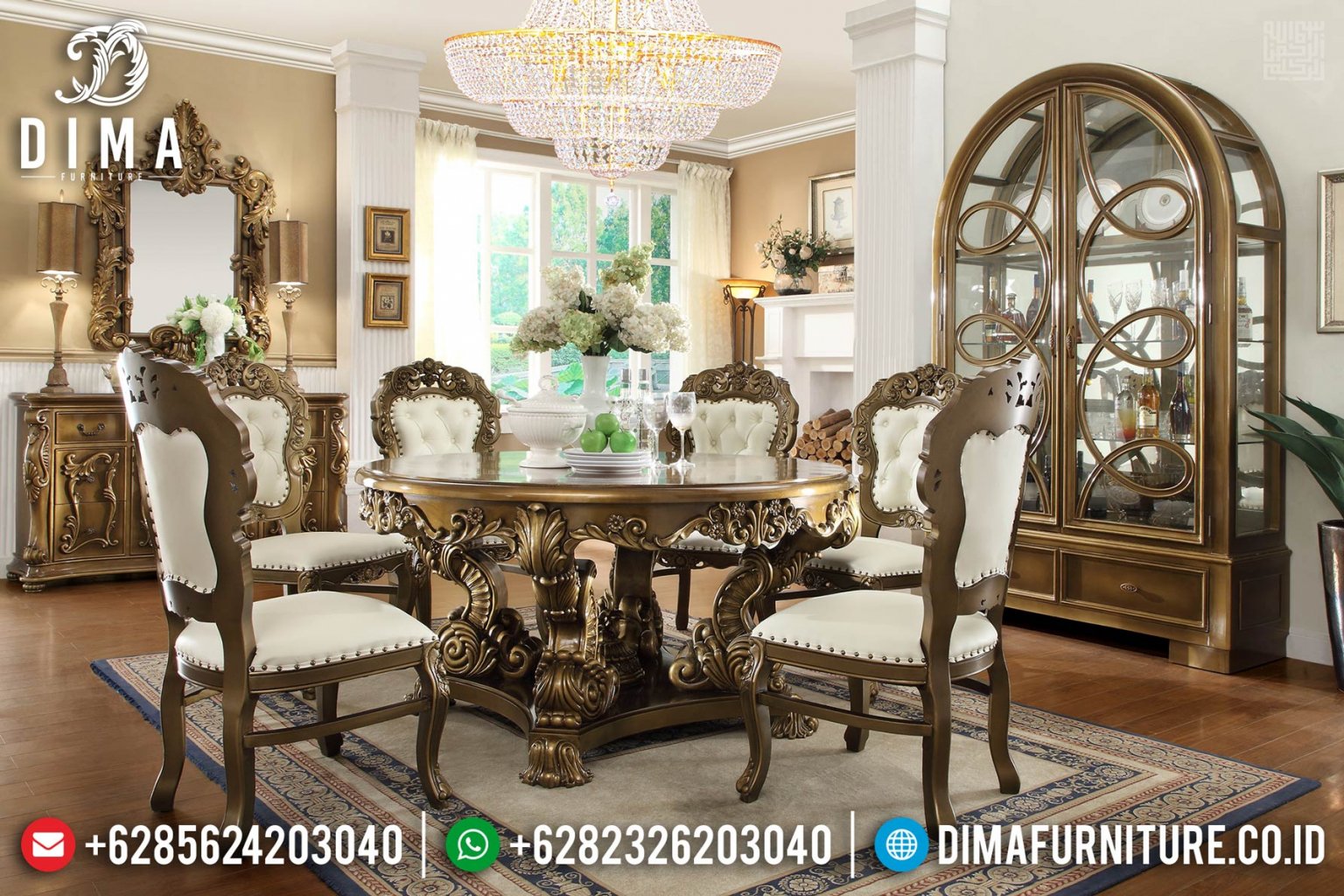 Duco Gold Meja Makan Mewah Bulat Furniture Jepara Ukir DF-1184