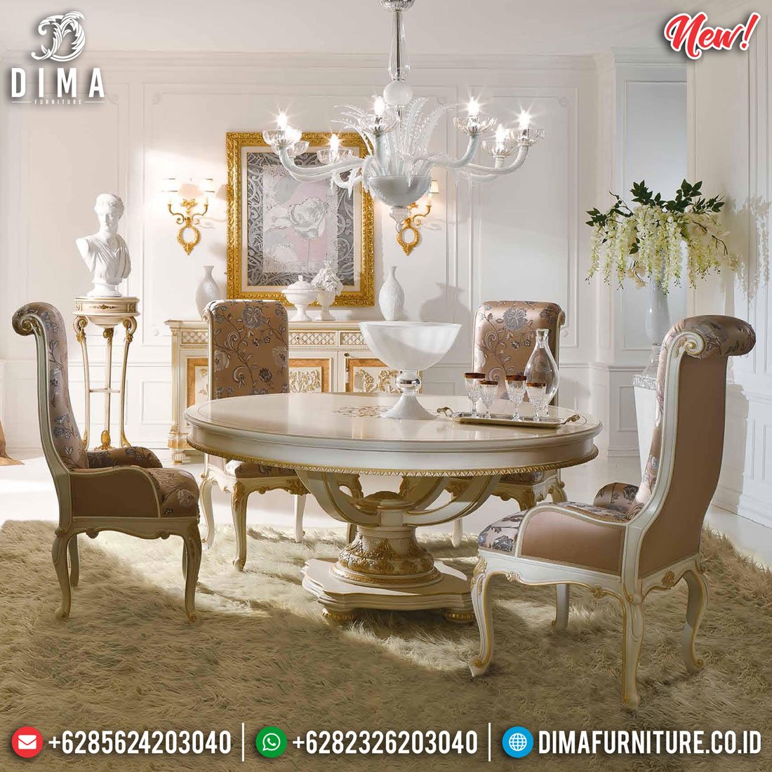 Highest Quality Meja Makan Jepara Mewah Classic Broken White DF-1432